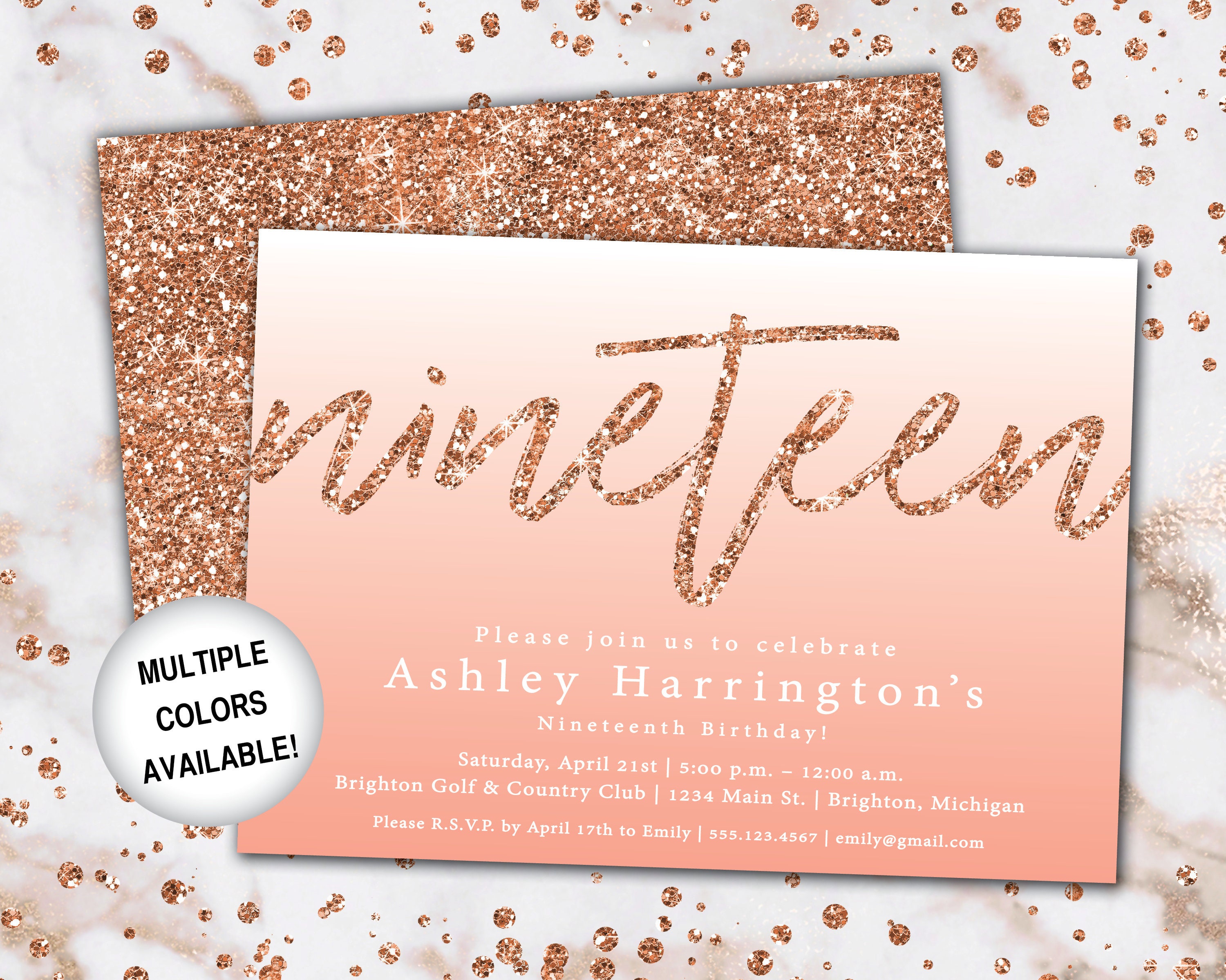 19th Birthday Invitation Rose Gold | Nineteenth Birthday Invitation ...