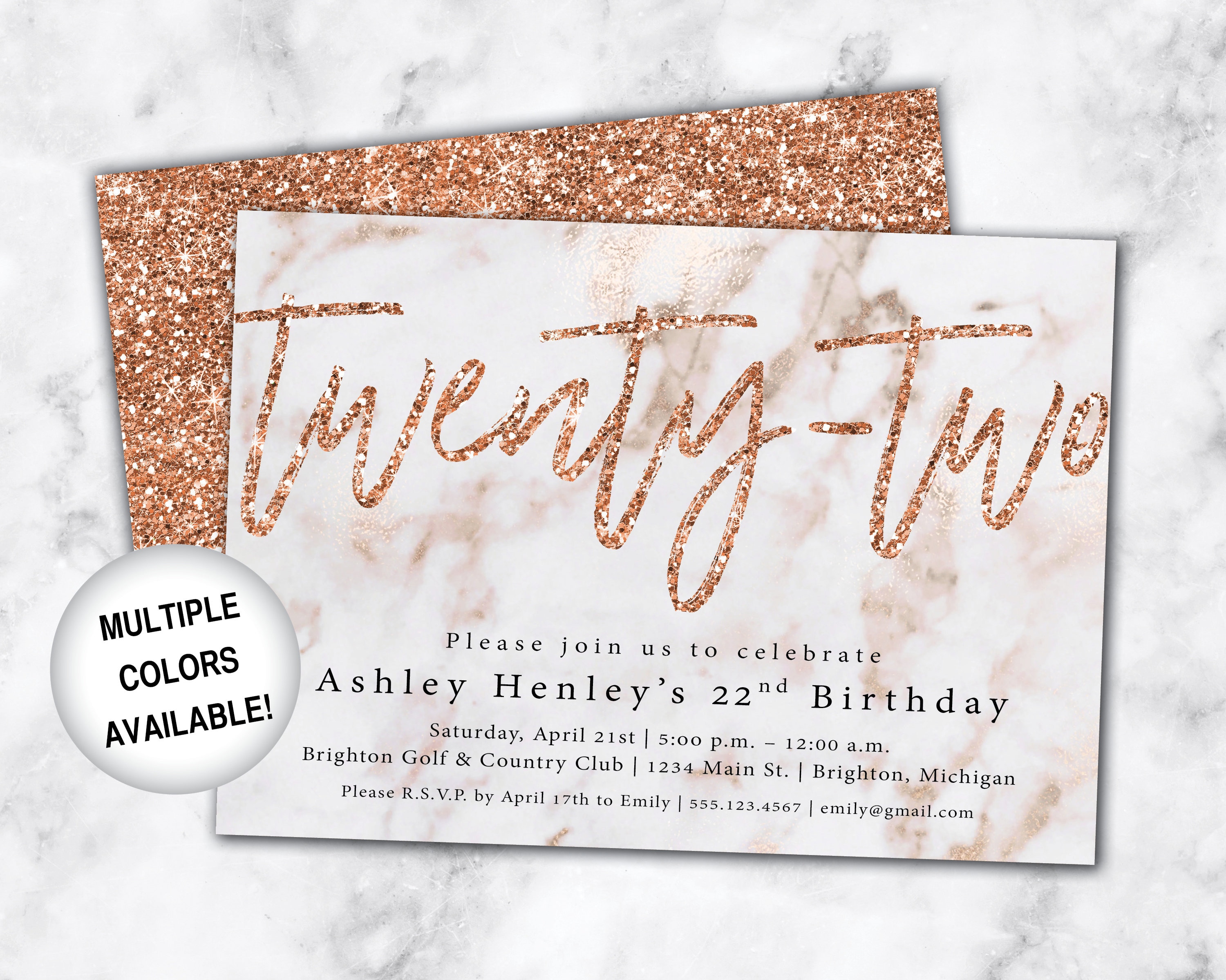22nd Birthday Invitation Rose Gold 22nd Birthday Invitation | Etsy