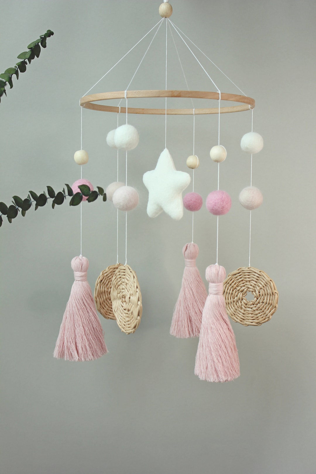 Boho Crib Mobile | Pink Tassels, Wicker, and Star Nursery Decor - Etsy