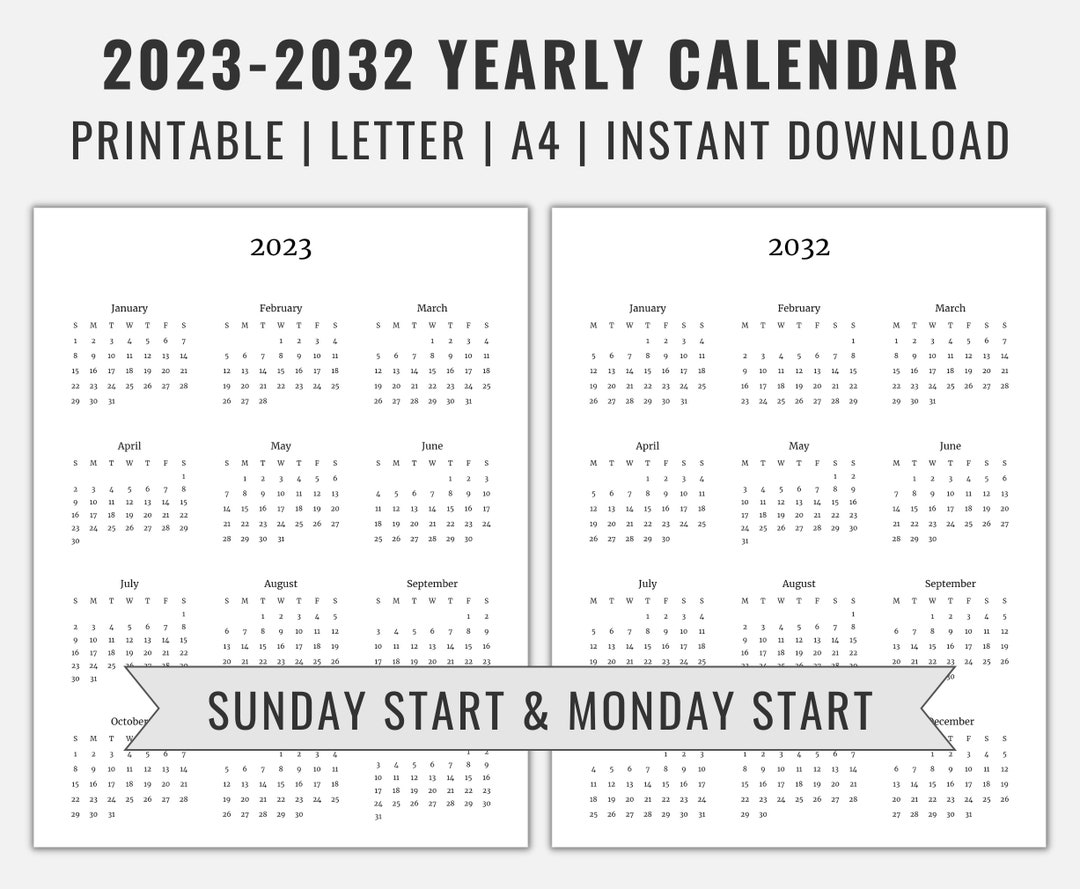 2023, 2032 Yearly Calendar Printable, Sunday & Monday Start Year at A Glance Calendar on One ...