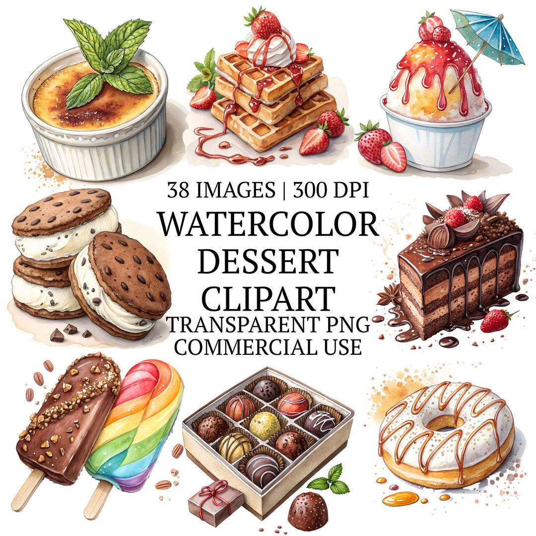 Watercolor Dessert Clipart Bundle PNG, 38 Sweet Treats Clip Art ...