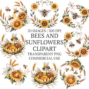 Bees and Sunflowers Clipart Bundle PNG, 20 Watercolor Floral Honey Bee ...