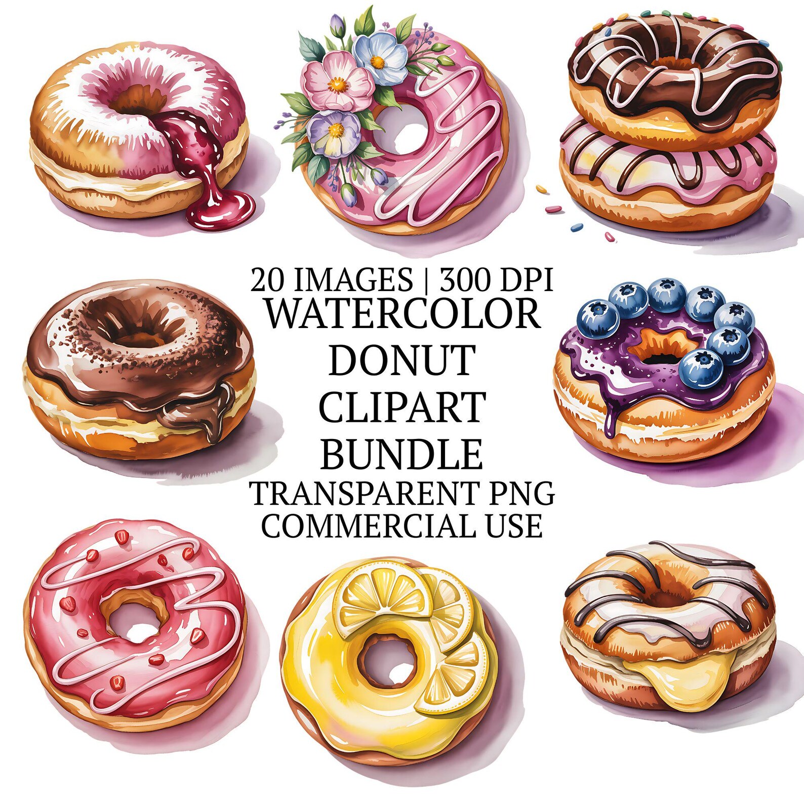 20 Watercolor Donut Clipart Bundle PNG, Whimsical Sweet Bakery Food ...