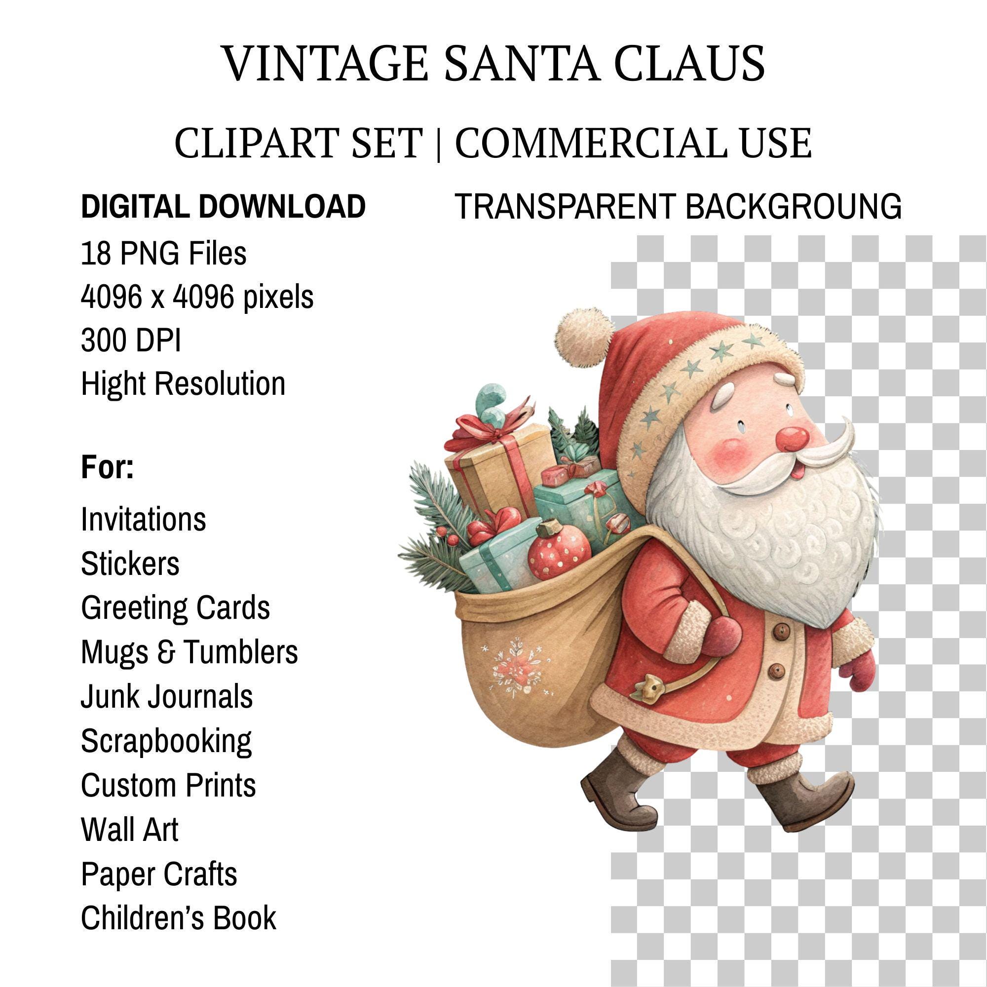 Vintage Santa Claus Clipart Bundle PNG, 18 Festive Christmas Graphics ...