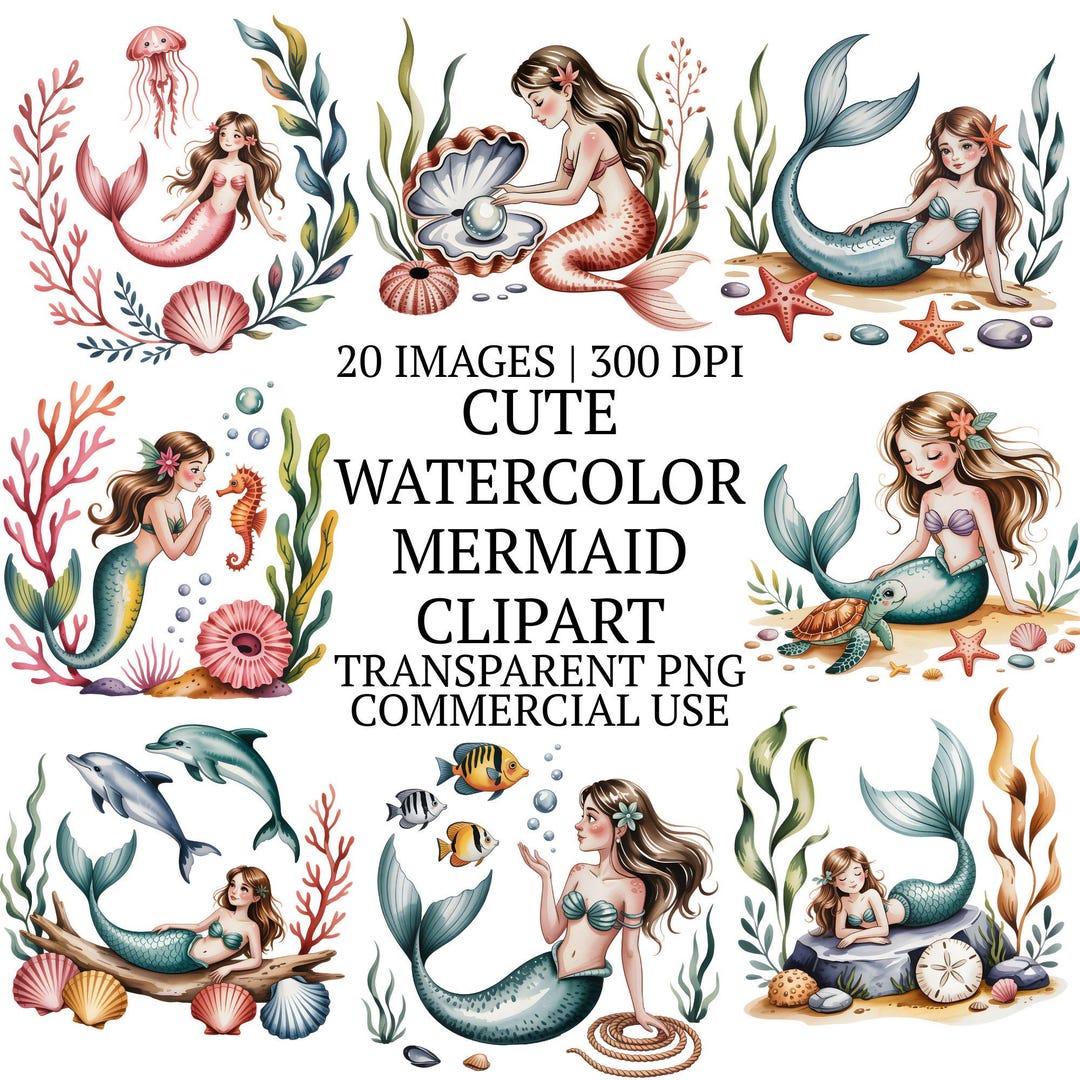 Cute Watercolor Mermaid Clipart Bundle PNG, 20 Under the Sea Clip Art ...