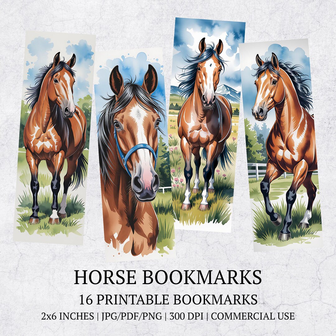 16 Horse Printable Bookmarks, Watercolor Illustration Art Bundle, PNG ...