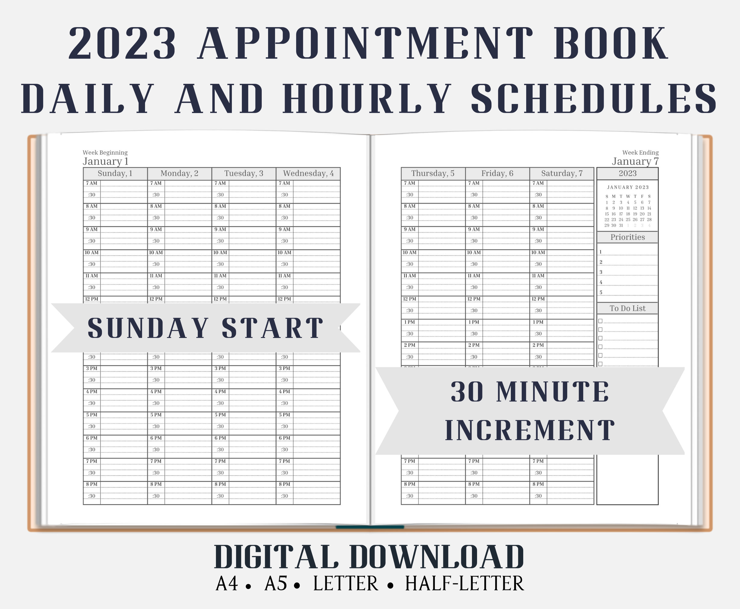 2023 Appointment Book Printable Daily and Hourly Schedules With 30 ...