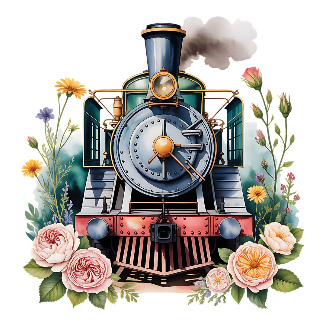 34 Vintage Train Clipart Bundle PNG, Whimsical Floral Watercolor ...