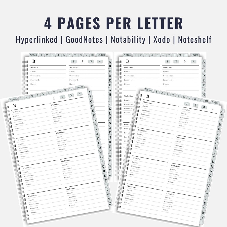Digital Password Book With Alphabet Hyperlinked Tabs for Goodnotes ...