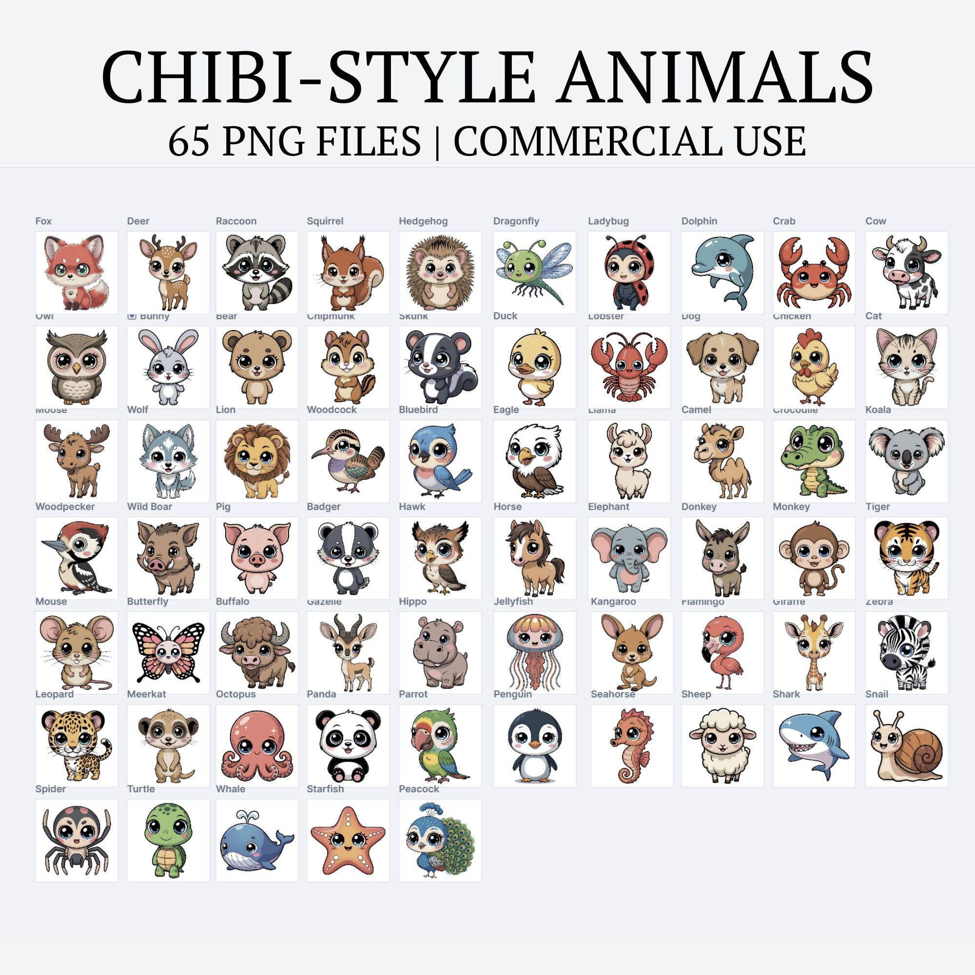 Chibi-style Animals Clipart Bundle PNG, 65 Transparent Background Clip ...