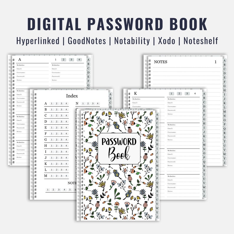 Digital Password Book With Alphabet Hyperlinked Tabs for Goodnotes ...