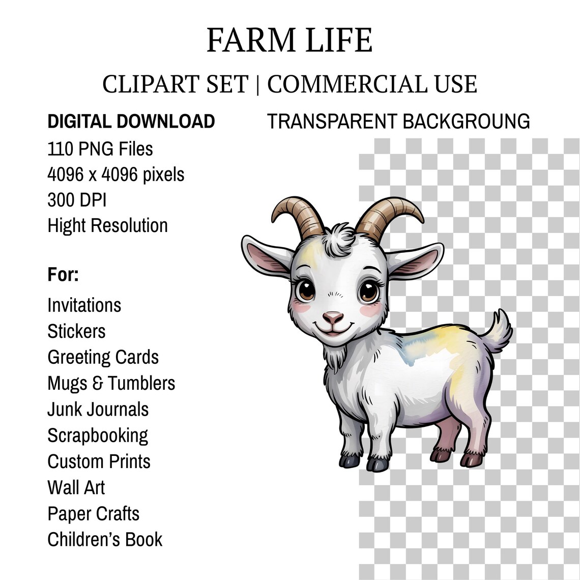 110 Farm Clipart PNG Bundle, Cute Rustic Farm Animals, Horse, Pig, Cow ...