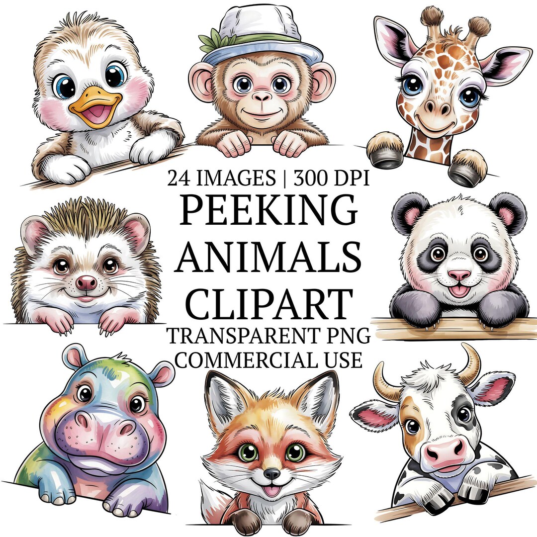Cute Peeking Animals Clipart Bundle PNG, 24 Transparent Background Clip ...