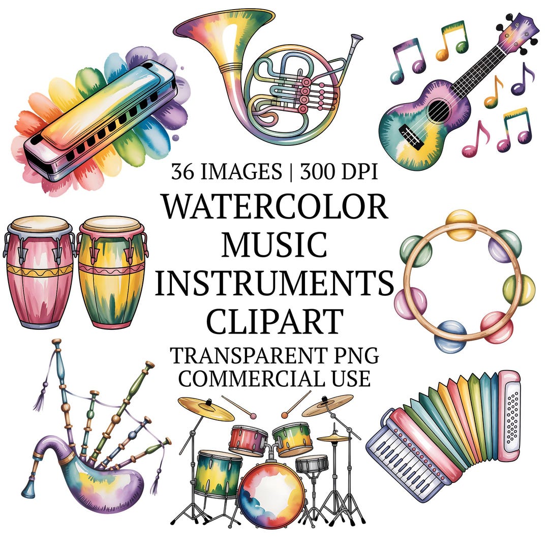 Watercolor Musical Instruments Clipart Bundle PNG, 36 Cute Band ...