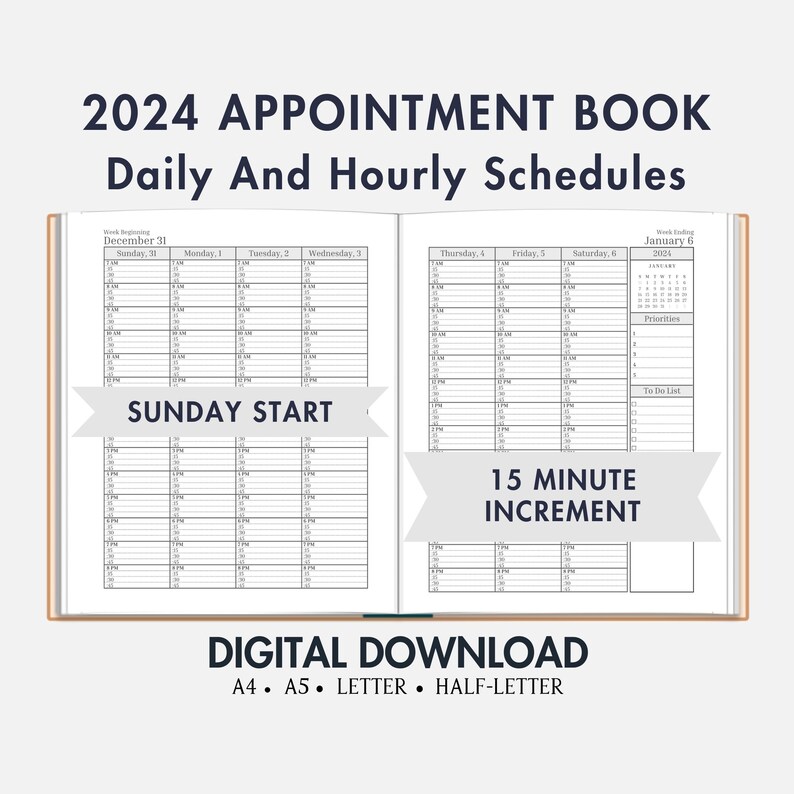 2024 Appointment Book Printable - Daily and Hourly Schedules With 15 ...