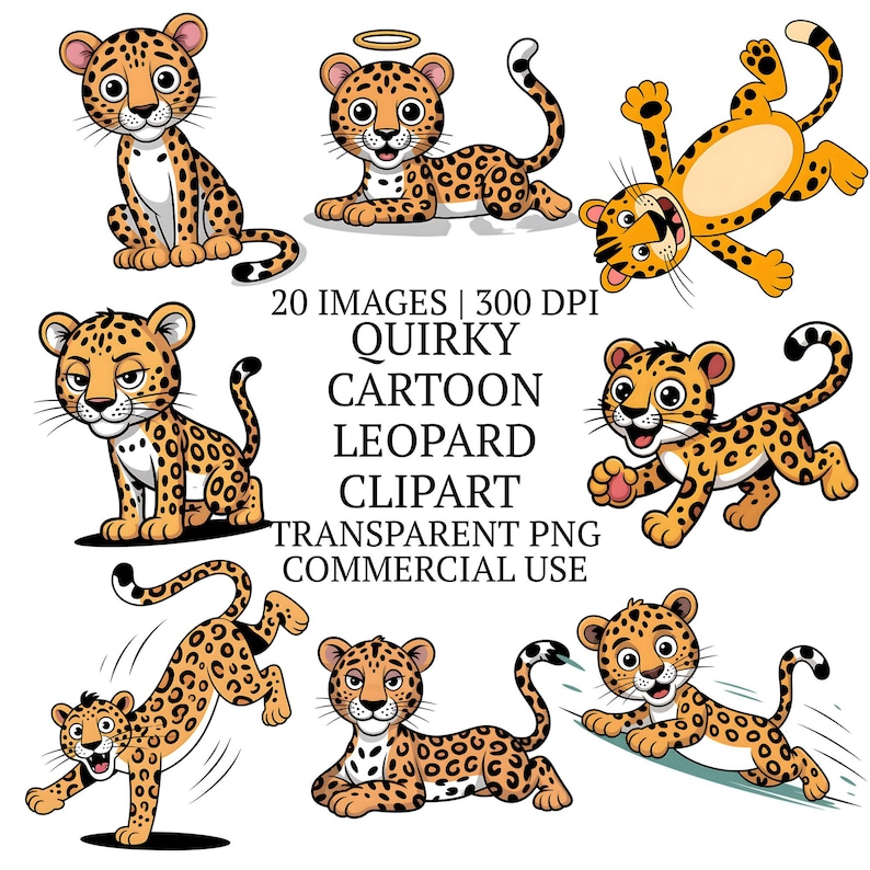20 Quirky Cartoon Leopard Clipart Bundle PNG, Whimsical Safari Animals ...