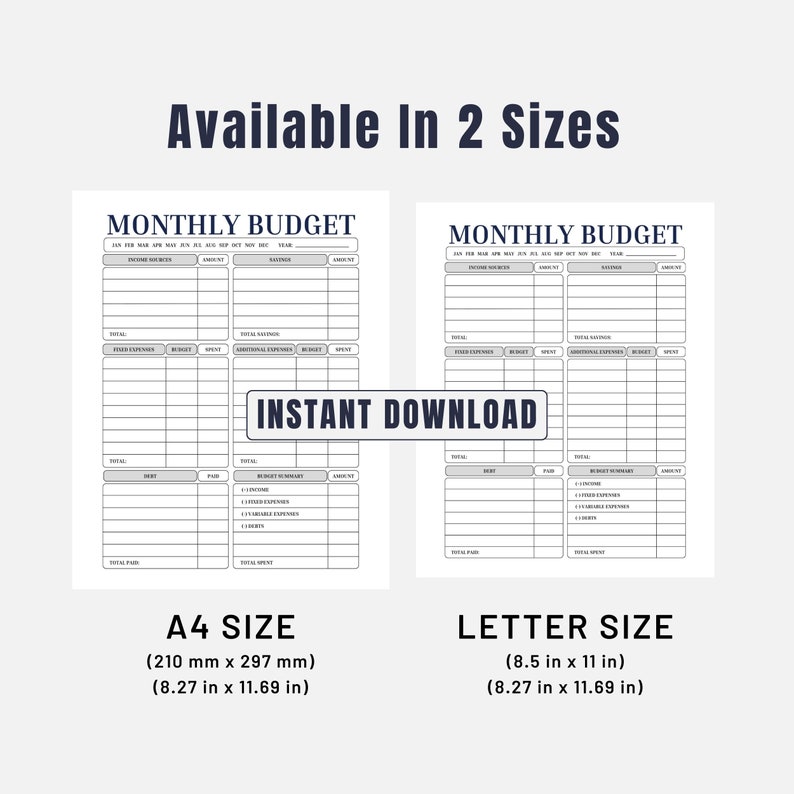 Monthly Budget Planner Printable, Organized Money Budget Template A4 ...