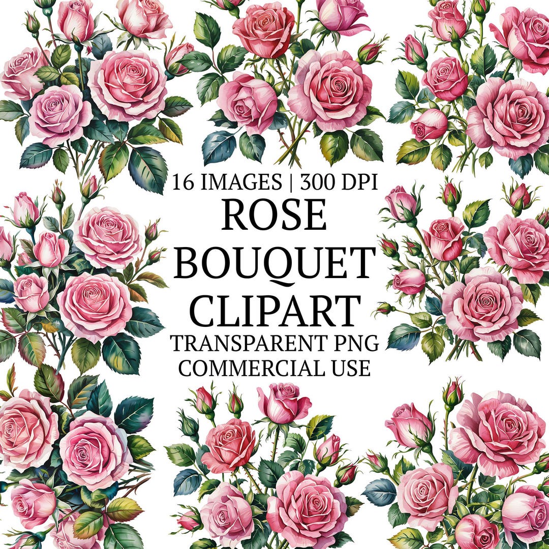Floral Rose Bouquet Clipart Bundle 16 PNG, Wedding Bridal Shower Rose ...