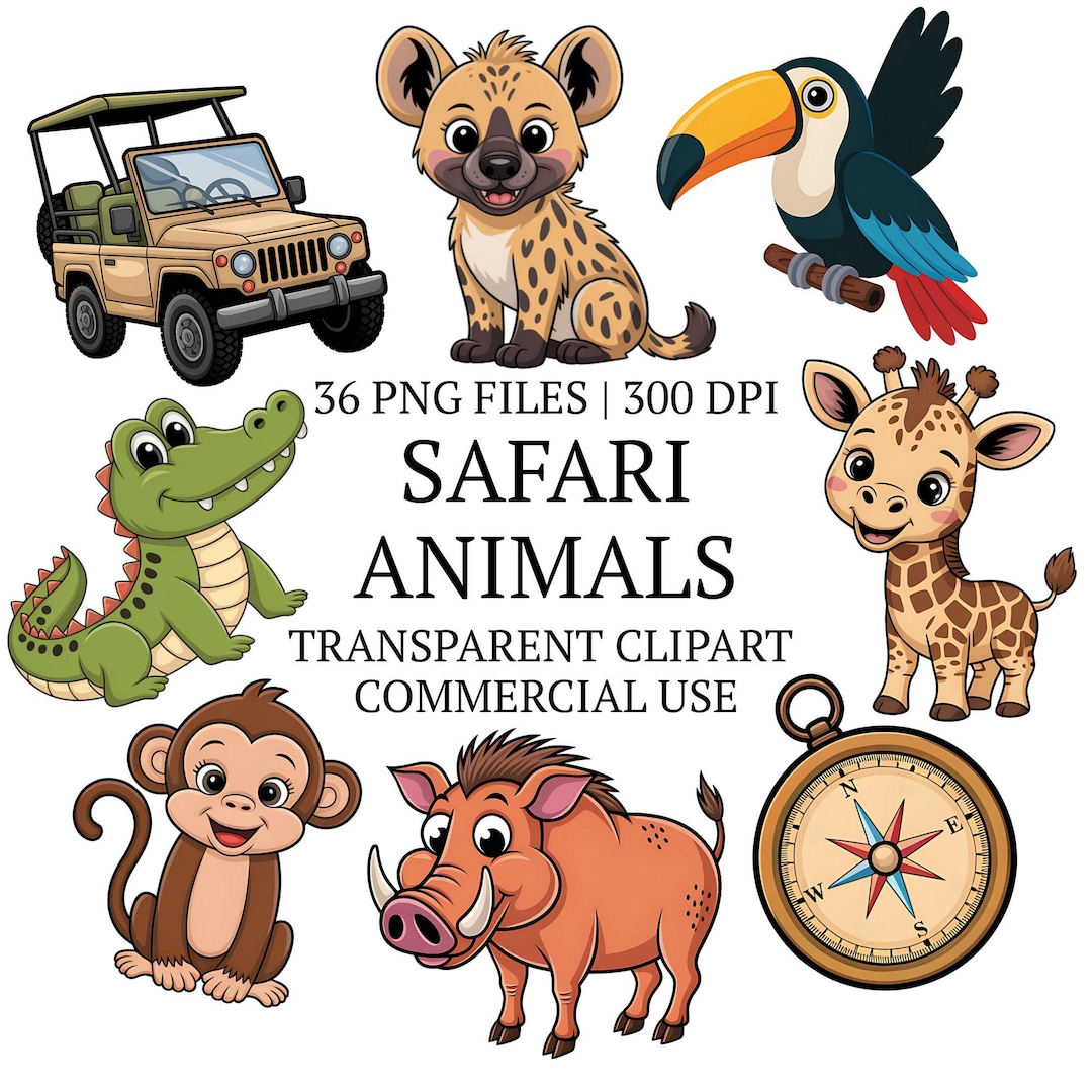 Safari Animals Clipart Bundle PNG, 36 Transparent Background Clip Art ...