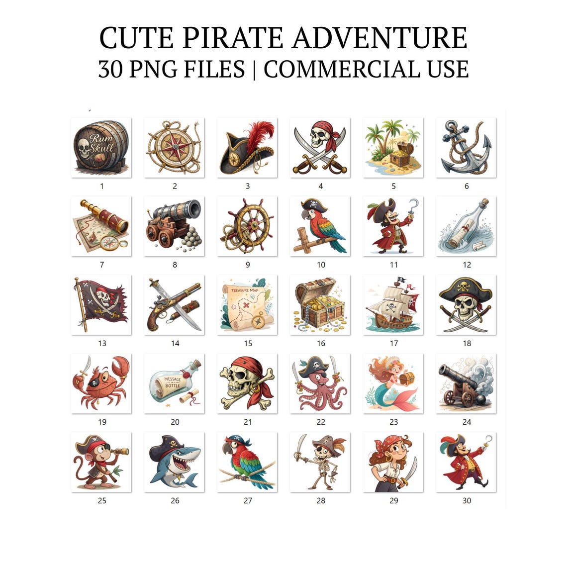 Cute Pirate Adventure Clipart Bundle PNG, Birthday Invitations, 30 ...