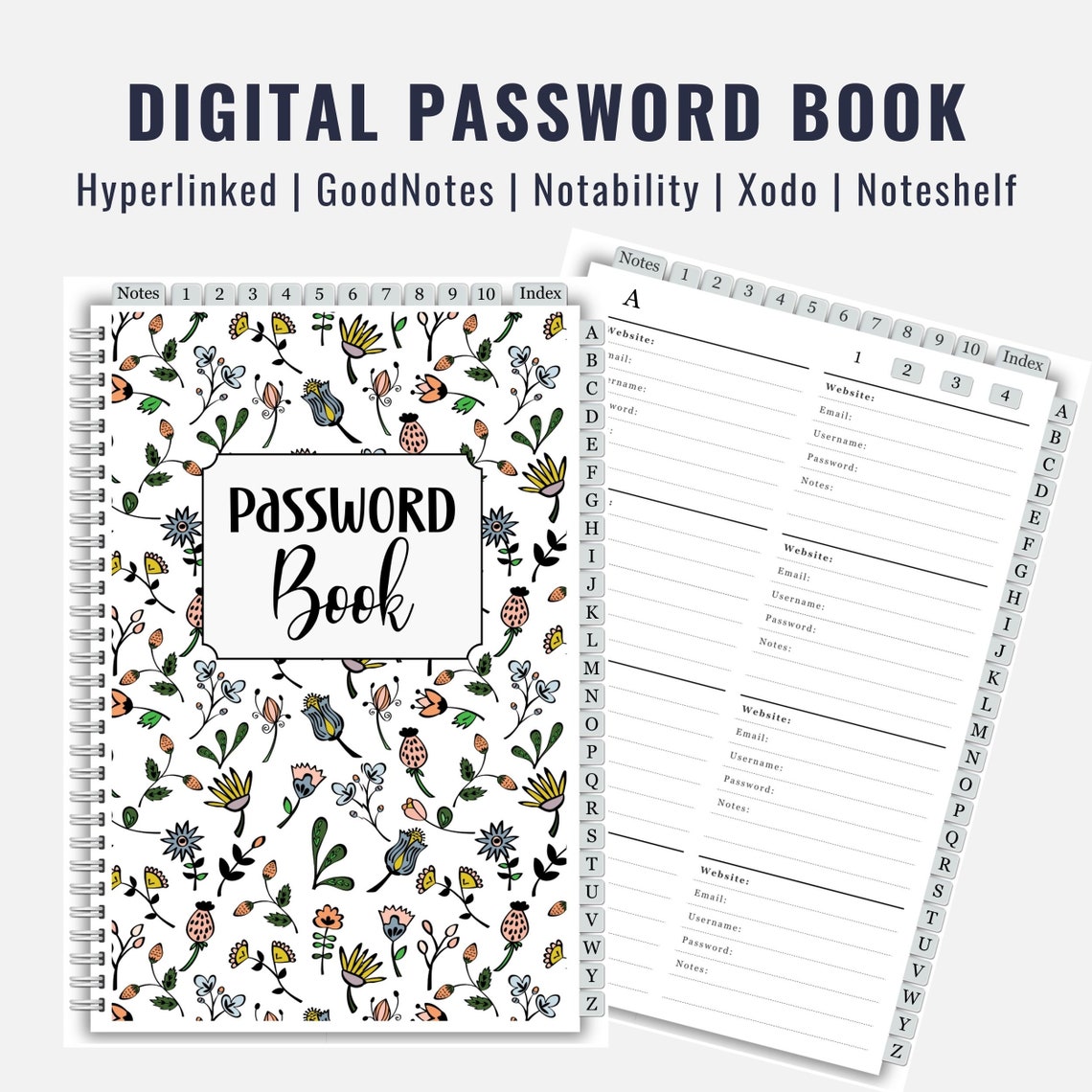 Digital Password Book With Alphabet Hyperlinked Tabs for Goodnotes ...