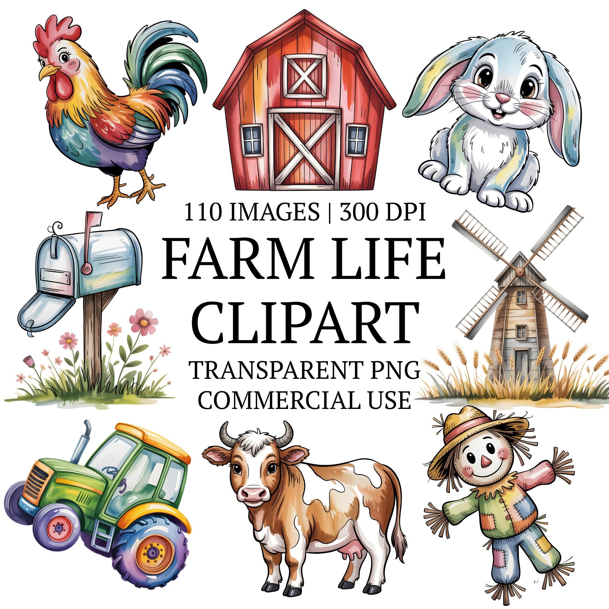 110 Farm Clipart PNG Bundle, Cute Rustic Farm Animals, Horse, Pig, Cow ...