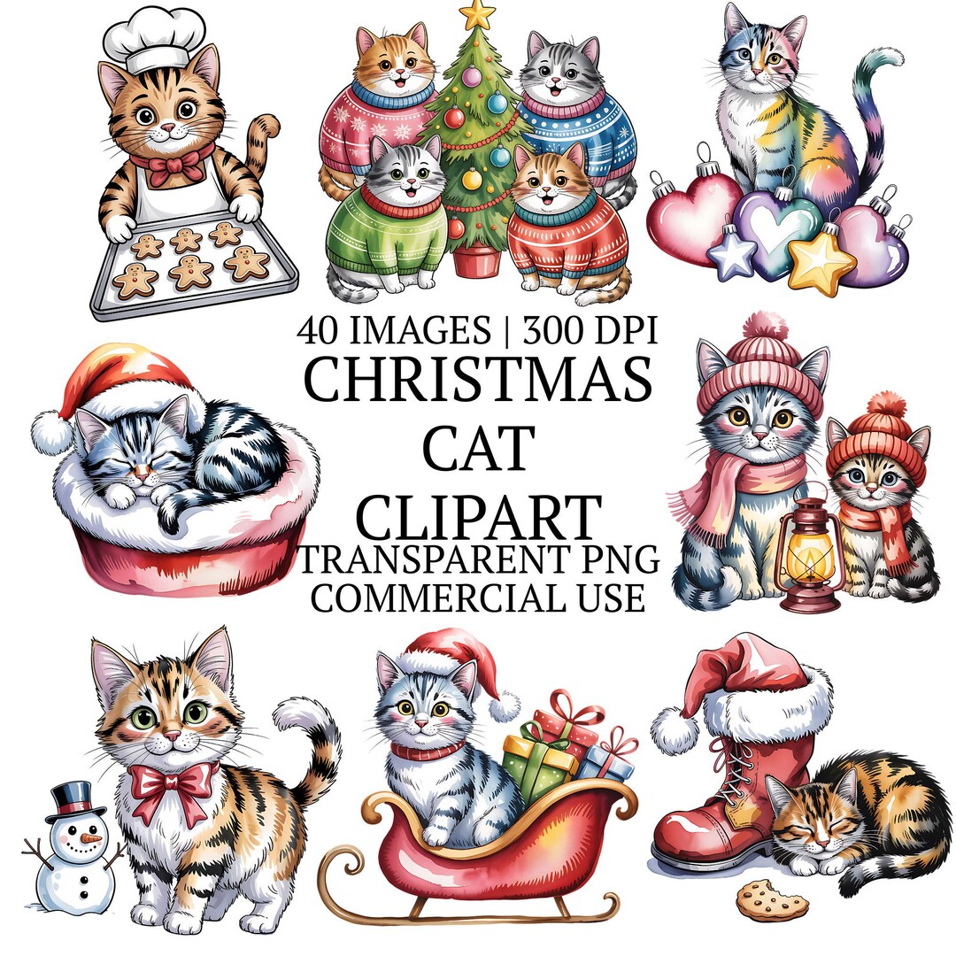 Cute Christmas Cat Clipart Bundle PNG, Whimsical Holiday Kitty Clip Art ...