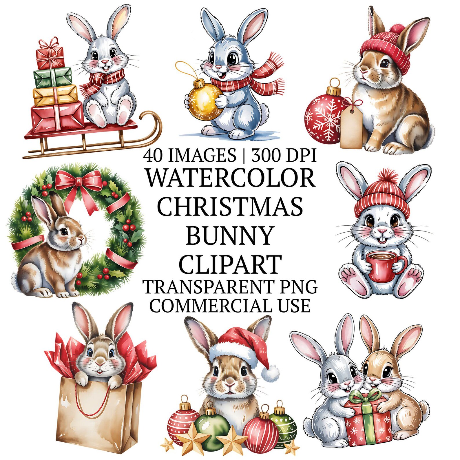 40 Watercolor Christmas Bunny Clipart Bundle PNG, Cozy Winter Holiday ...