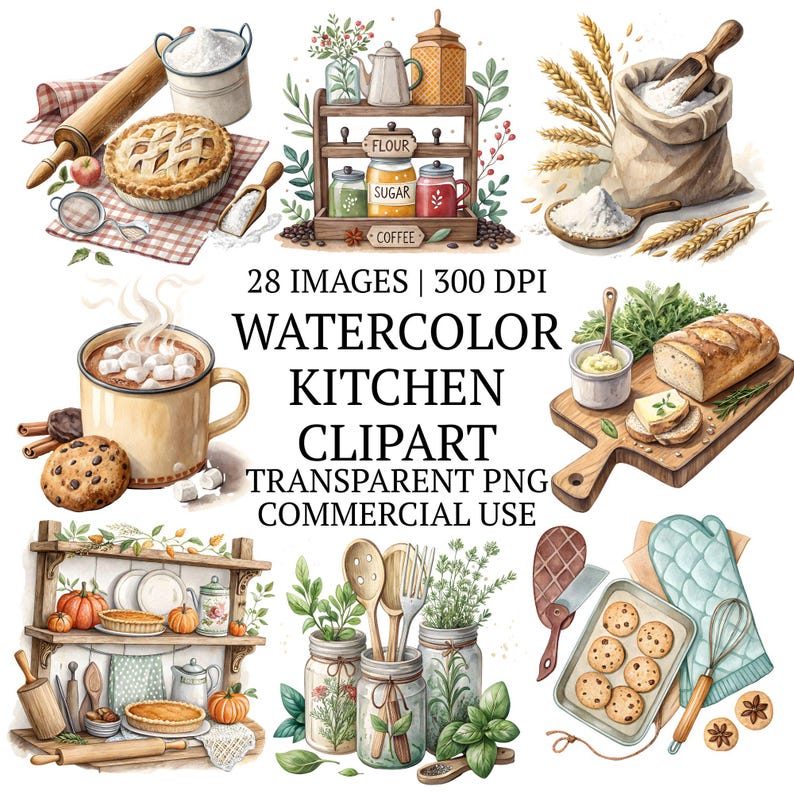 Cute Watercolor Kitchen Clipart Bundle PNG, 28 High-quality Cooking ...