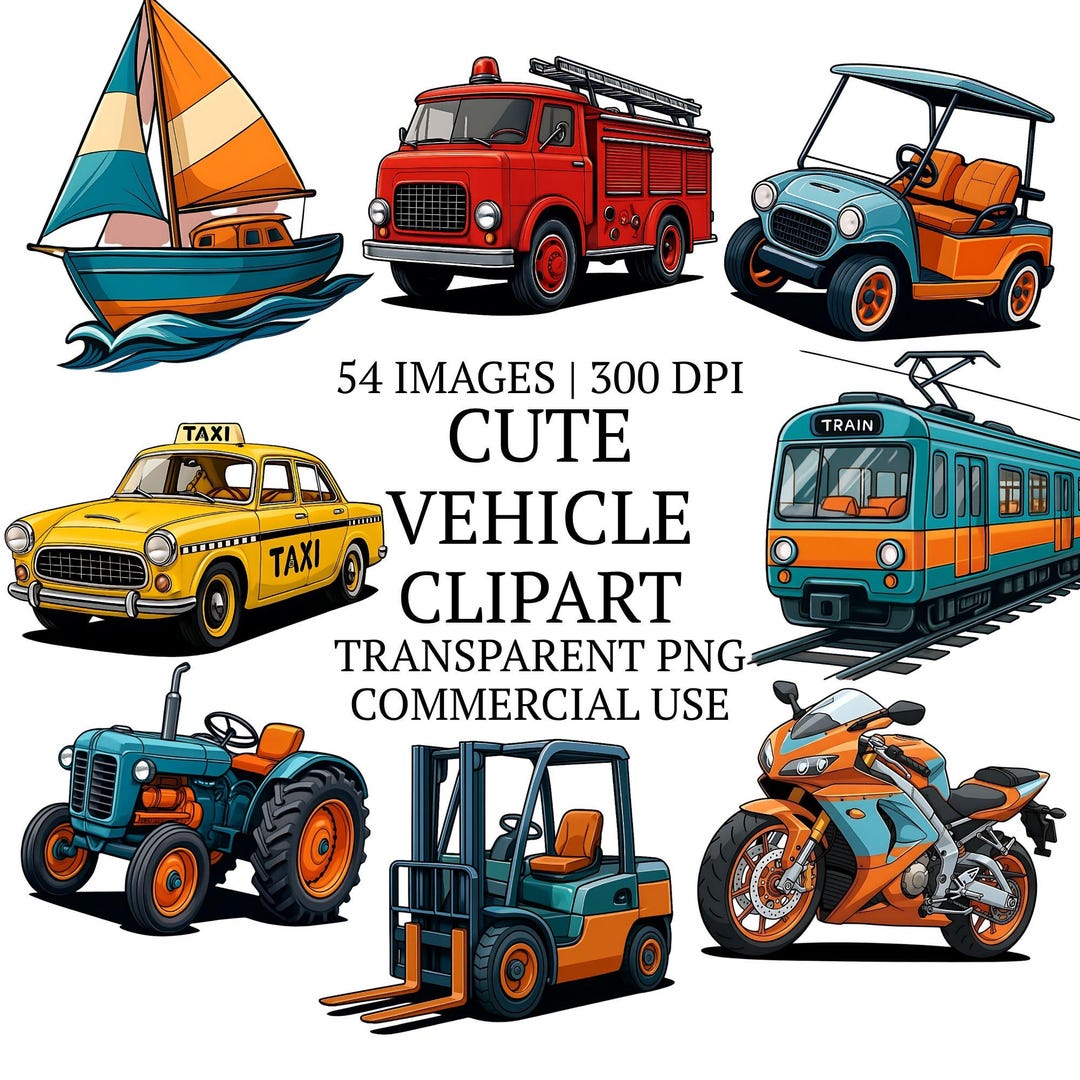 Cute Vehicle Clipart Bundle PNG, 54 Public Transportation Clip Art Set ...