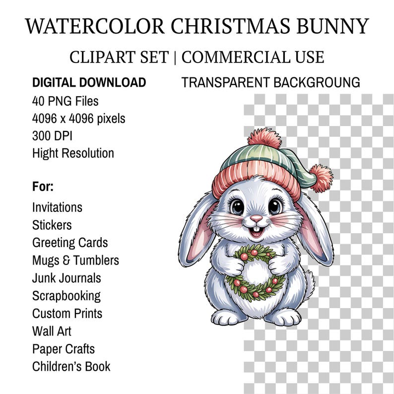 40 Watercolor Christmas Bunny Clipart Bundle PNG, Cozy Winter Holiday ...