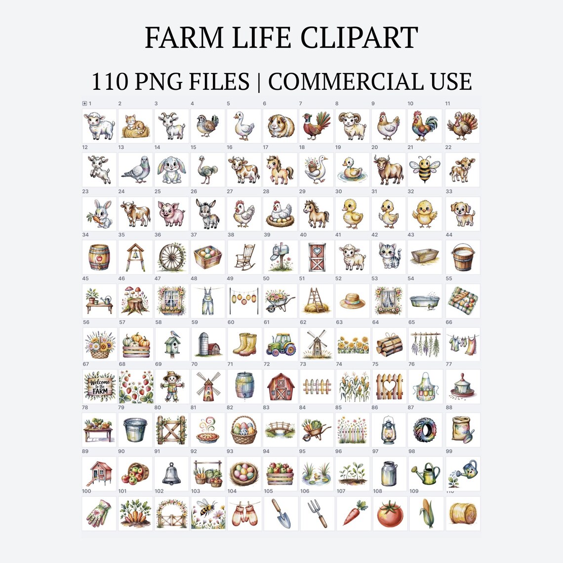 110 Farm Clipart PNG Bundle, Cute Rustic Farm Animals, Horse, Pig, Cow ...