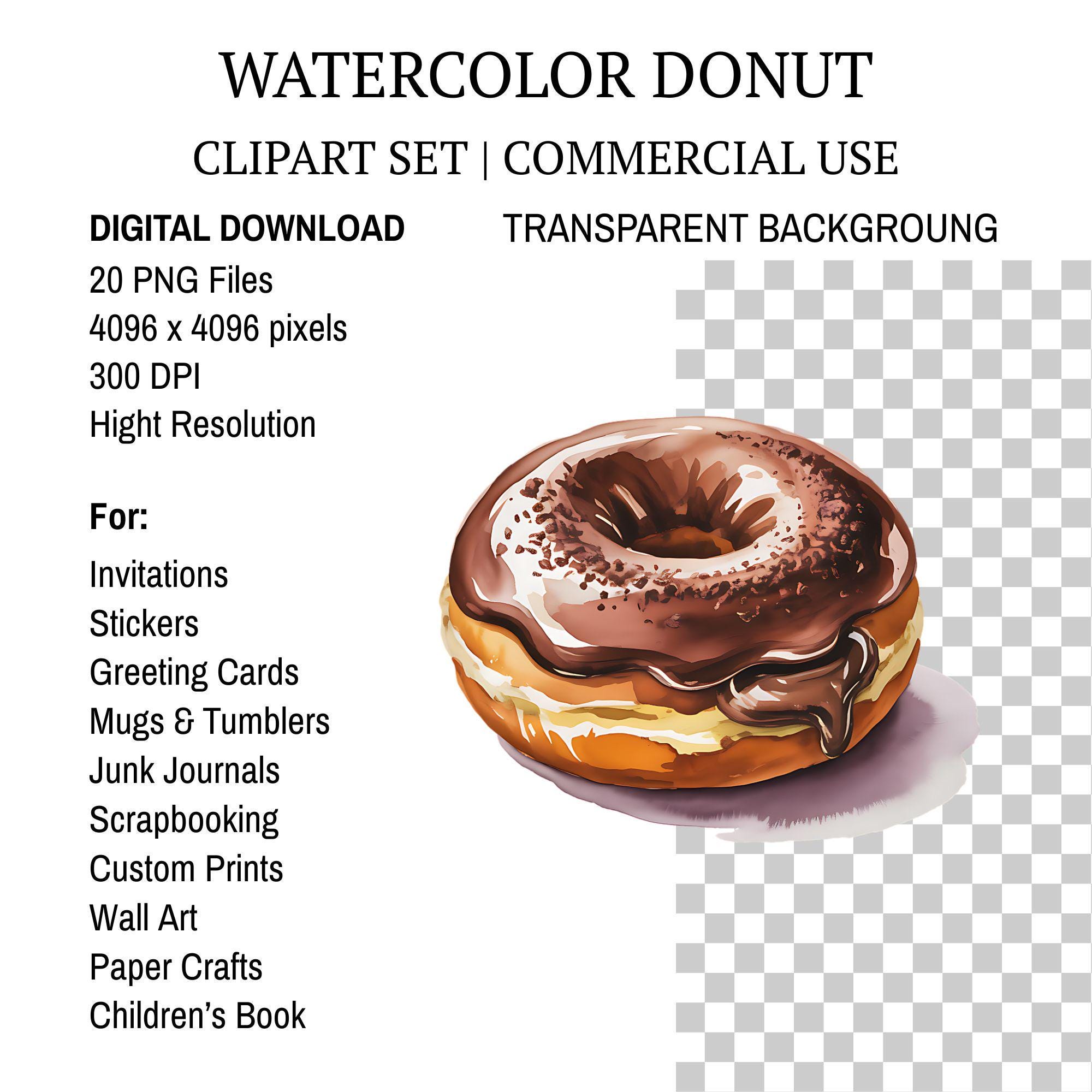 20 Watercolor Donut Clipart Bundle PNG, Whimsical Sweet Bakery Food ...