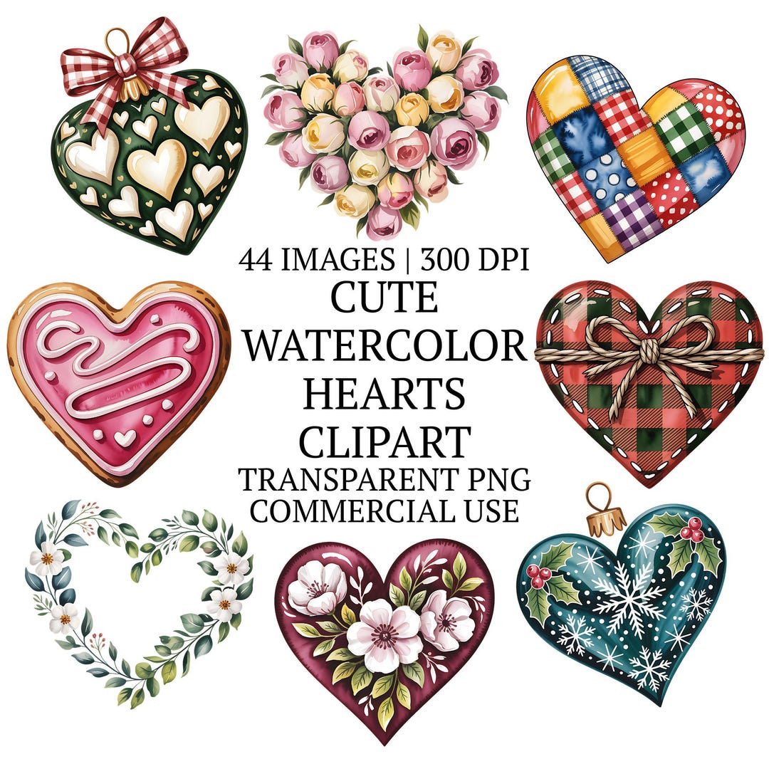 Watercolor Hearts Clipart Bundle PNG, 44 Cute Valentines Day Set, Cozy ...