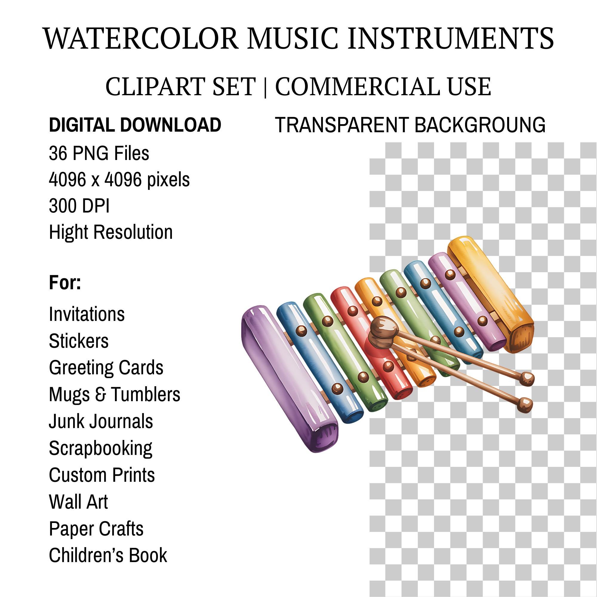 Watercolor Musical Instruments Clipart Bundle PNG, 36 Cute Band ...