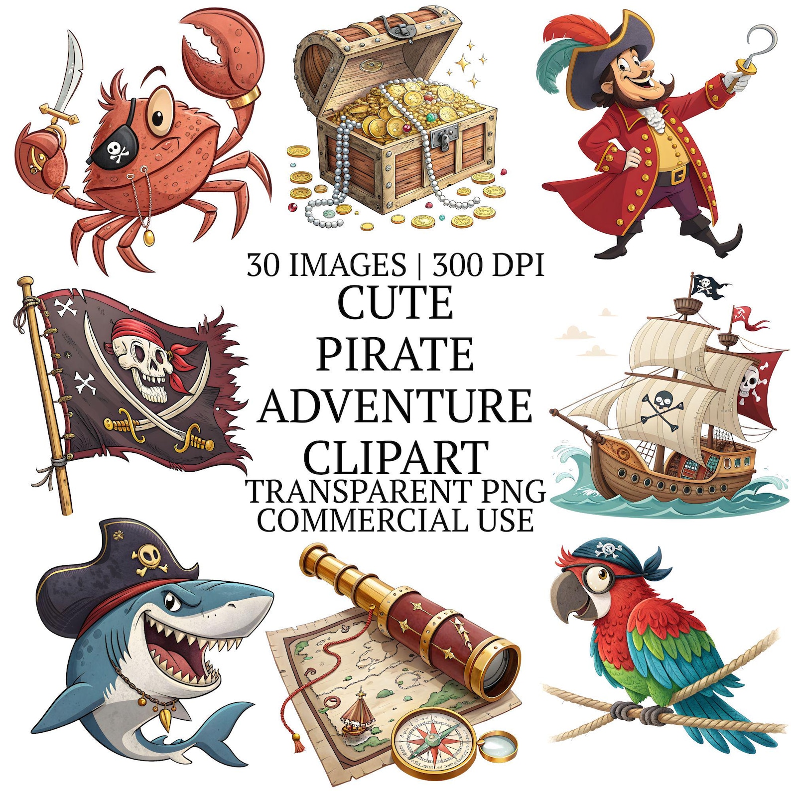 Cute Pirate Adventure Clipart Bundle PNG, Birthday Invitations, 30 ...