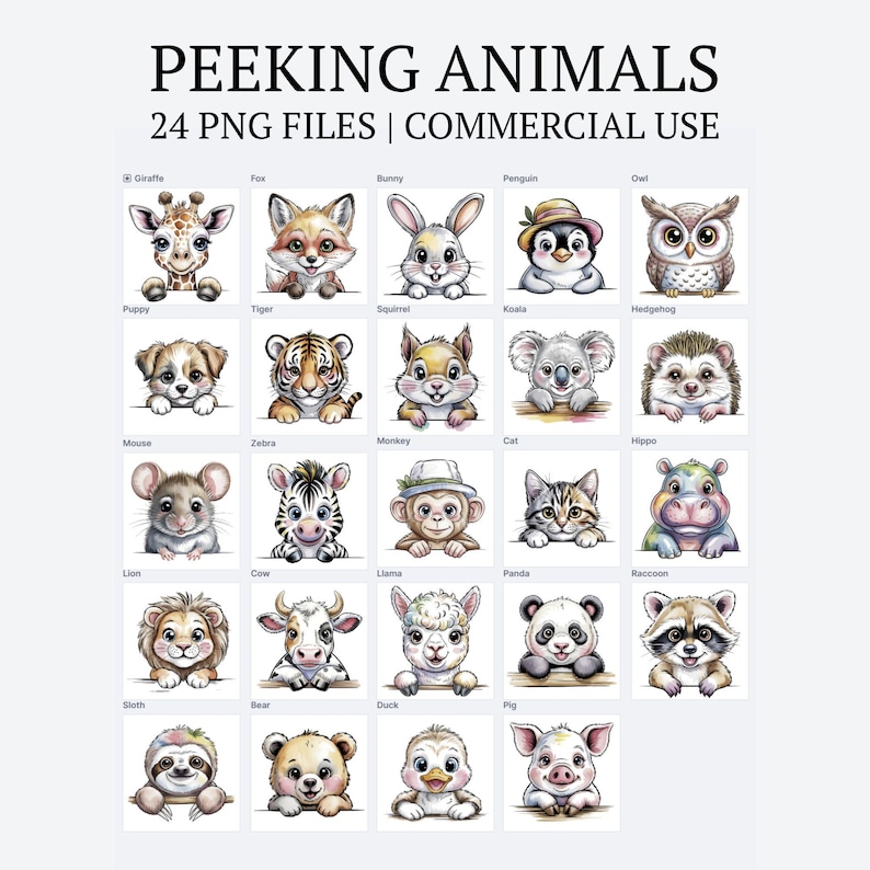 Cute Peeking Animals Clipart Bundle PNG, 24 Transparent Background Clip ...