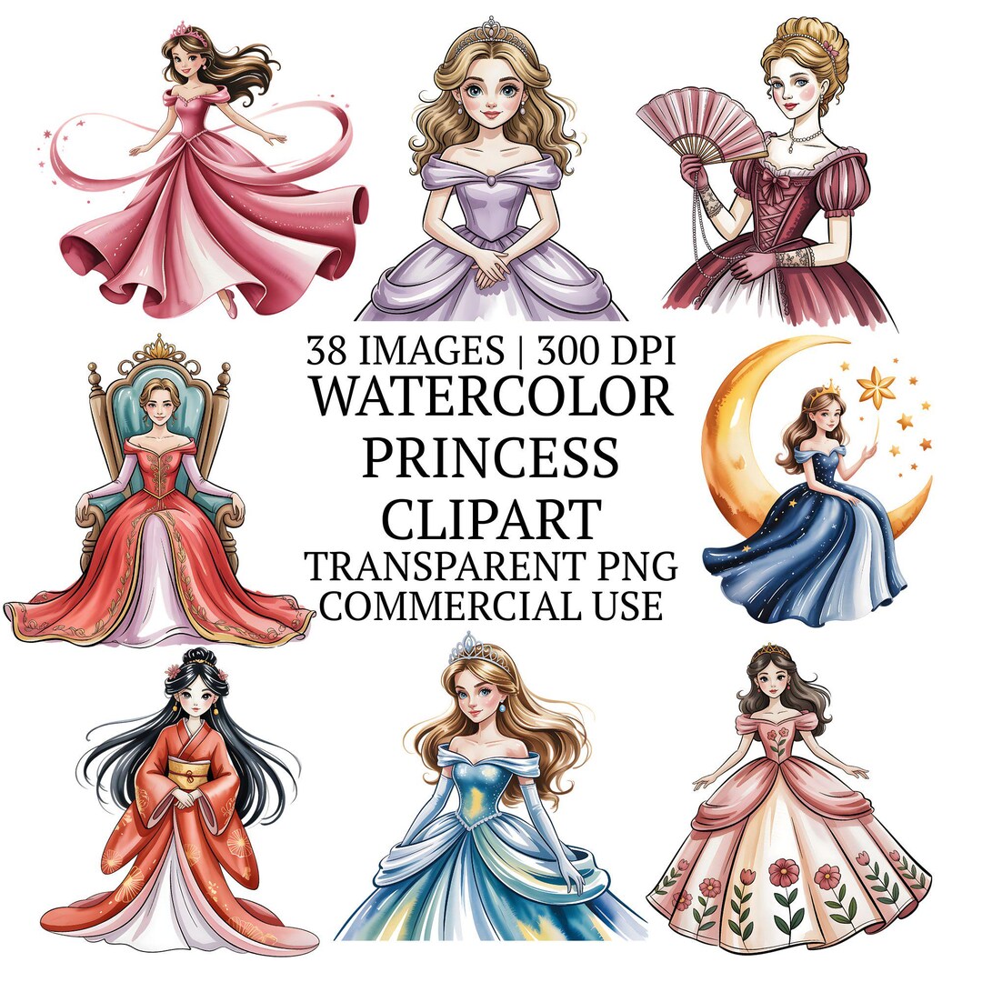 Watercolor Princess Clipart Bundle PNG, Cute Royal Kingdom Clip Art ...