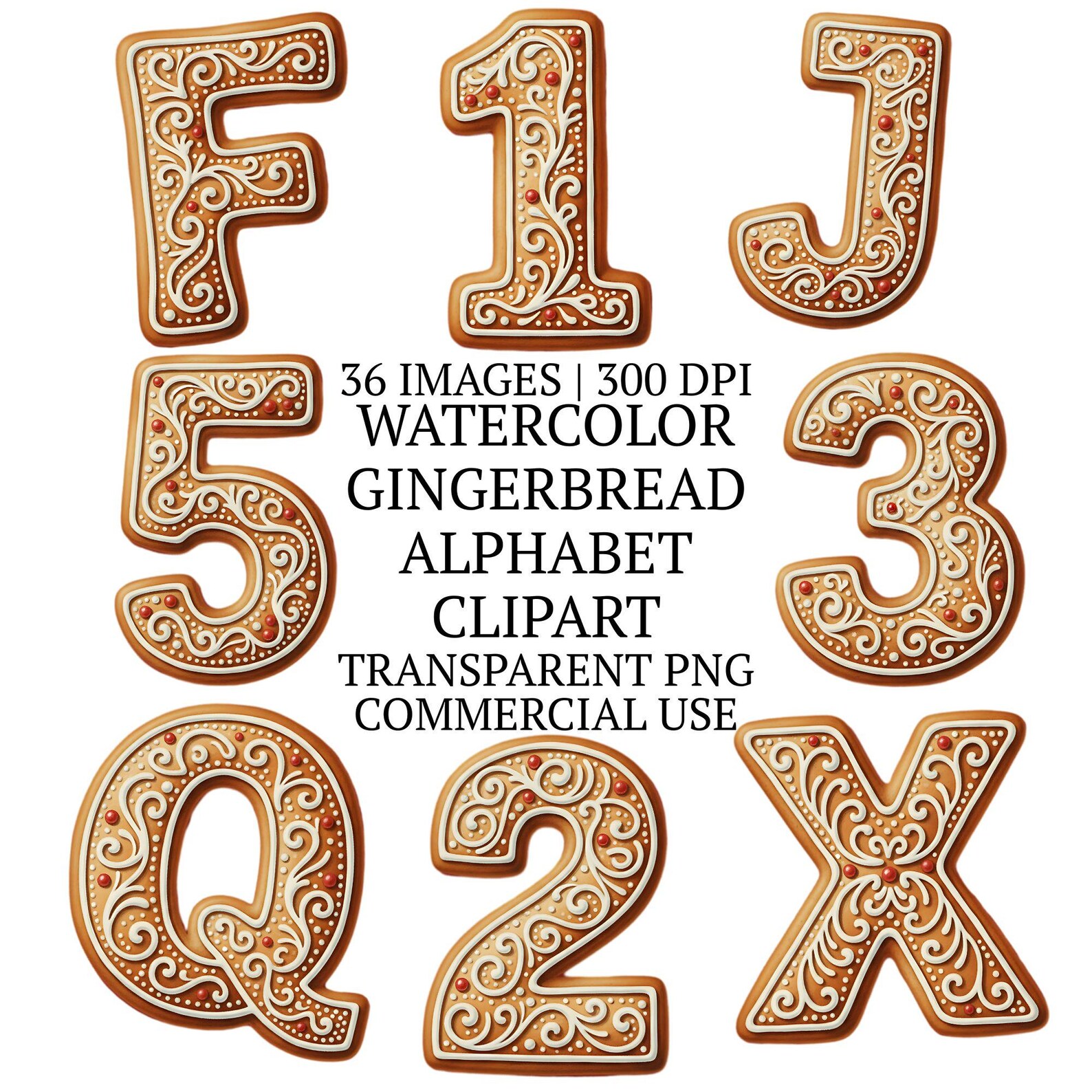 36 Vintage Gingerbread Alphabet Clipart Bundle PNG, Watercolor ...