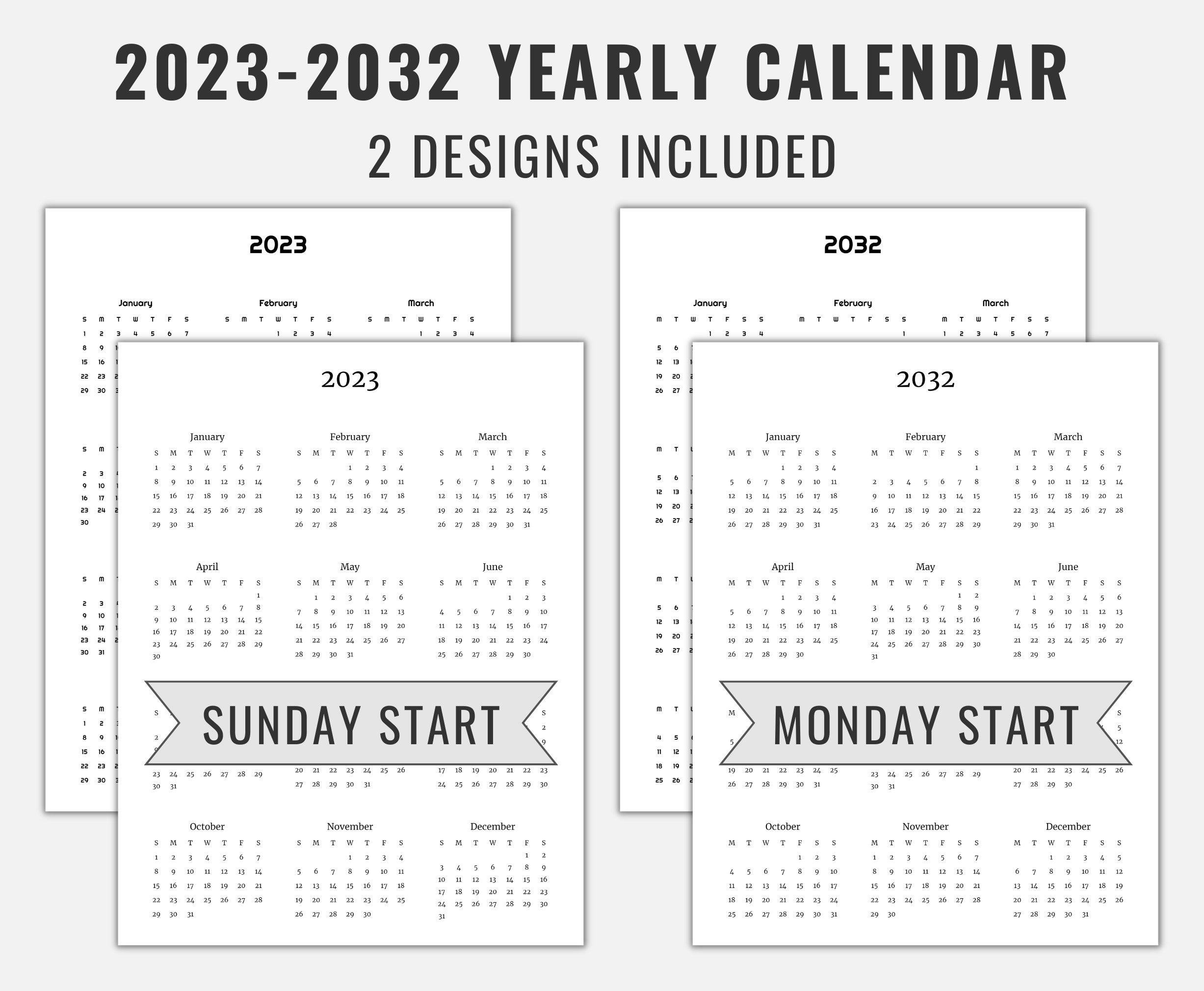 2023, 2032 Yearly Calendar Printable, Sunday & Monday Start Year at A Glance Calendar on One ...
