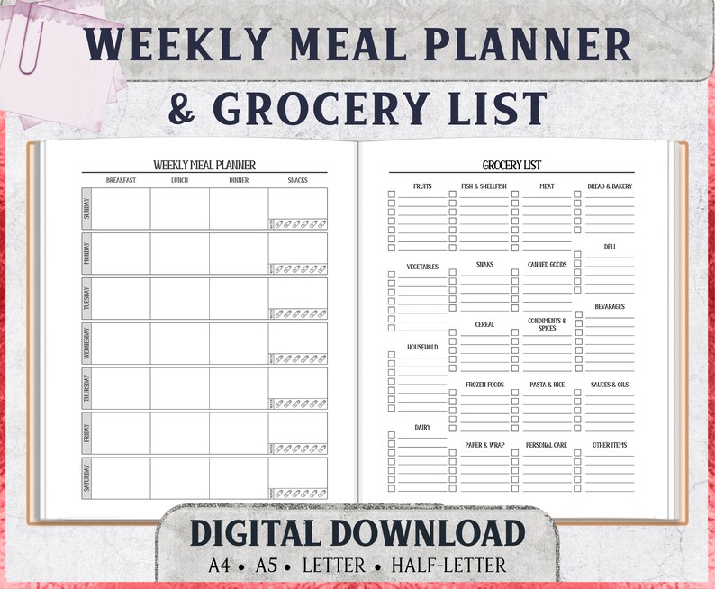 Meal Planner Printable - Weekly Food Planner and Grocery List - Meal ...