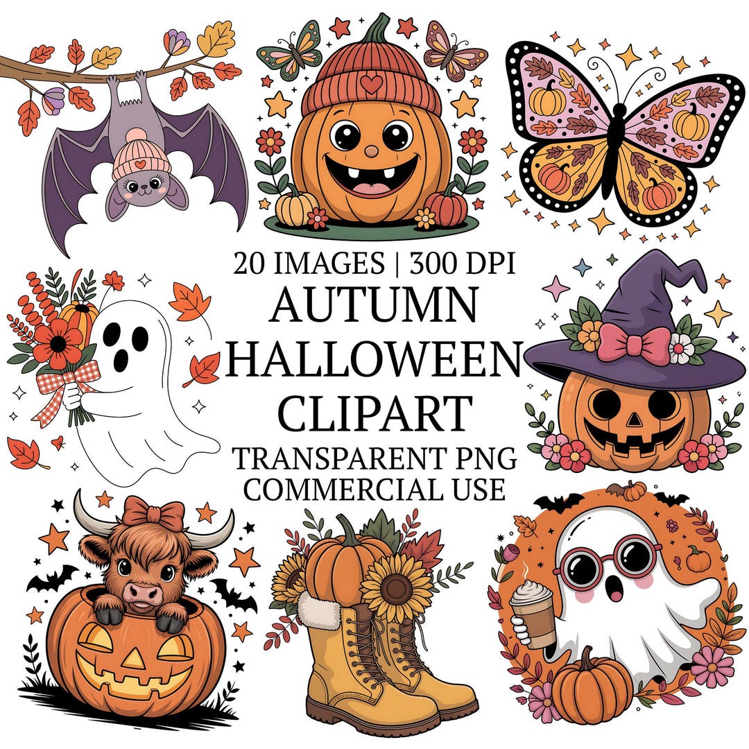 Cozy Autumn Halloween Clipart Bundle, 20 High-quality Illustrations ...