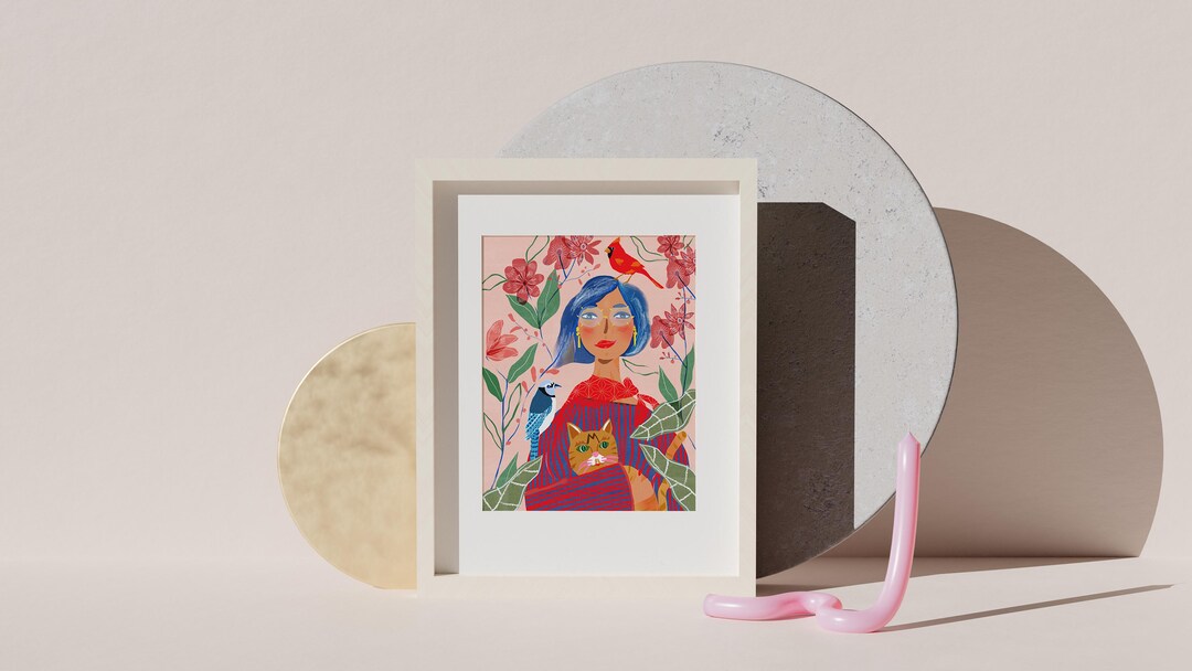 Cat Art, Girl With Cat Print, Bedroom Decor, Cat Cubicle Decor, Cat ...