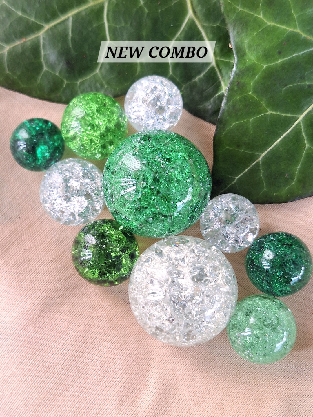 10 Pieces 'green and Clear Combo' Assorted Sizes, Cracked Marbles ...