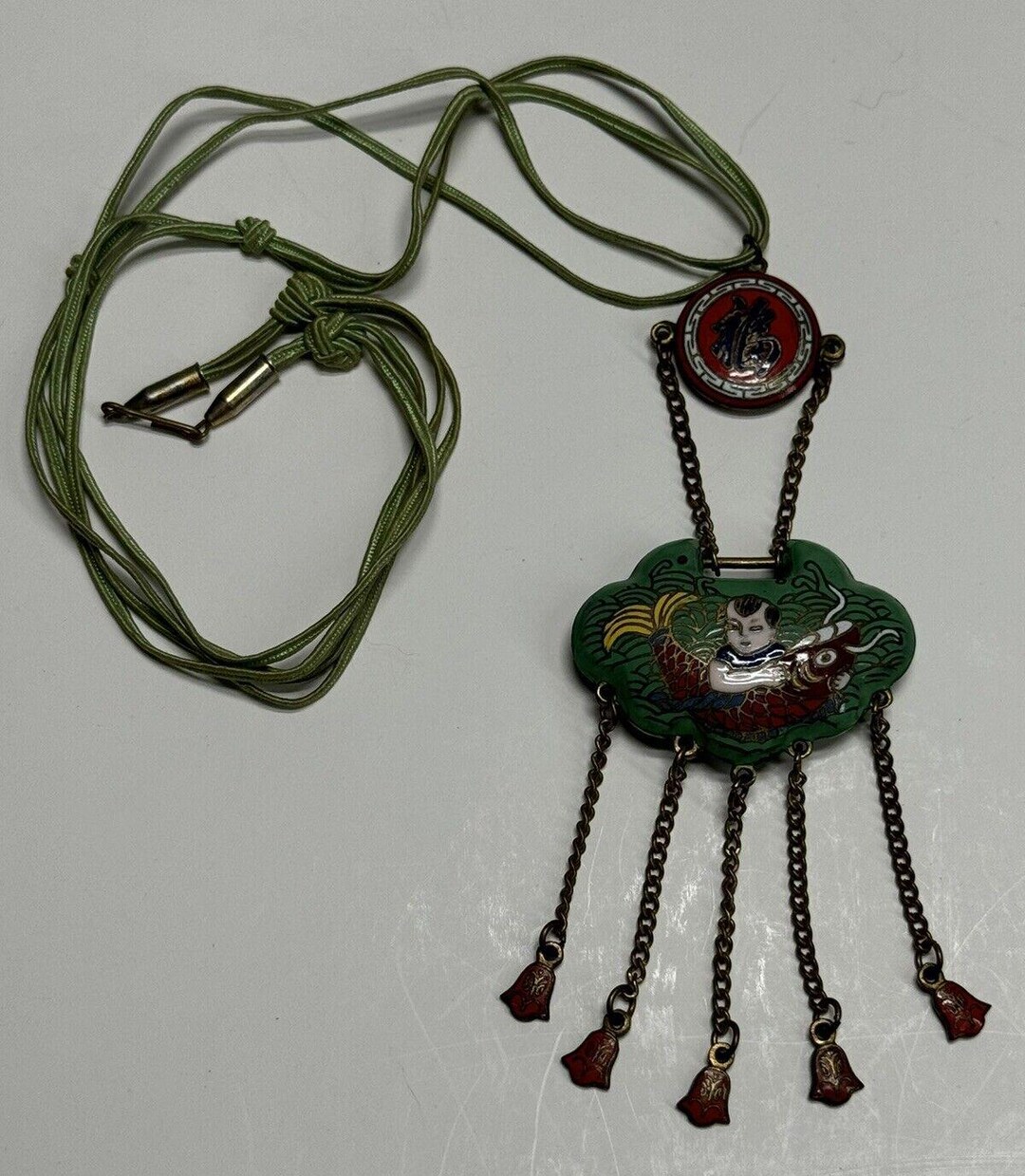 VTG Chinese Enamel Koi Fish Boy Double Sided Pendant Medallion Necklace ...