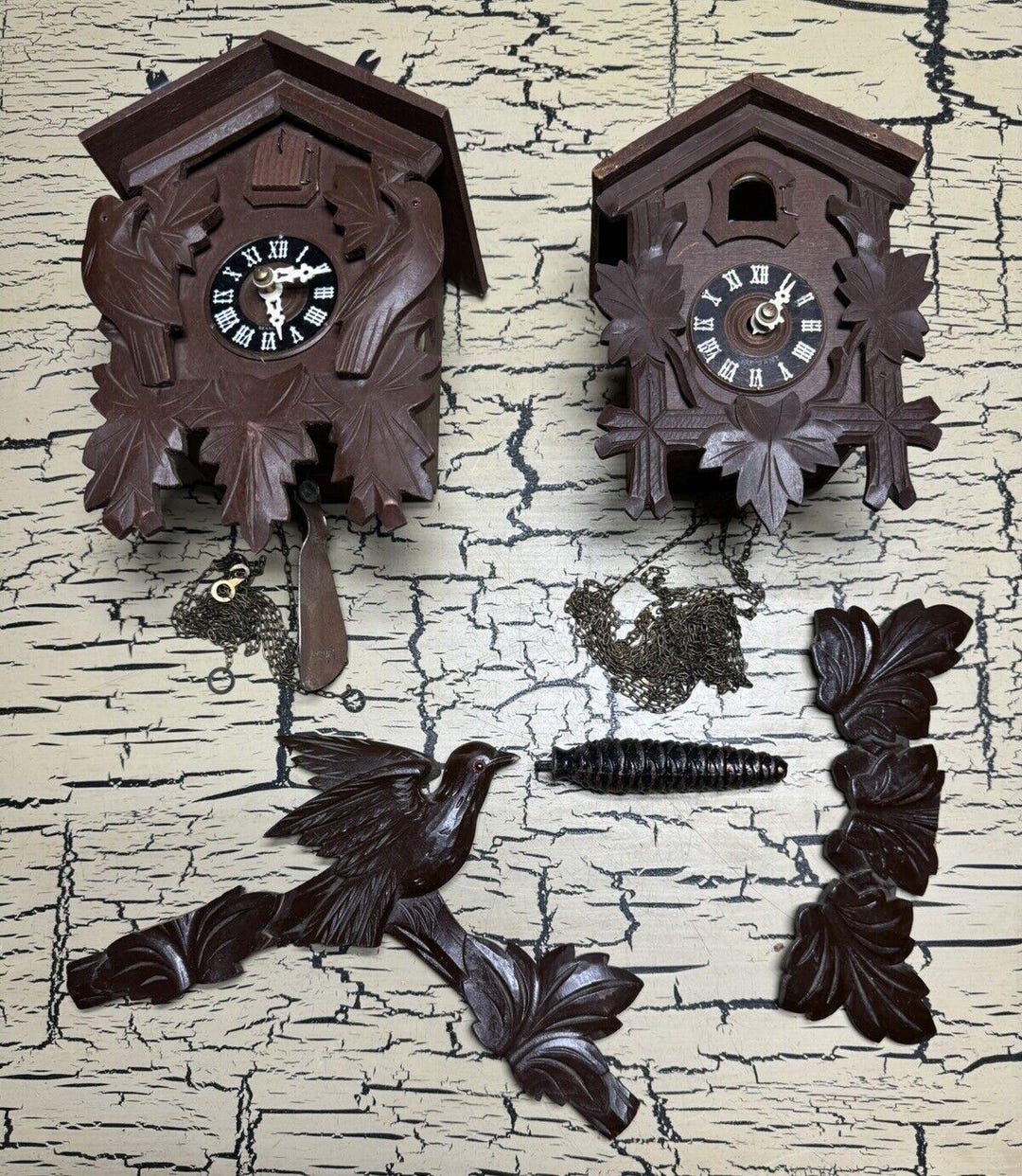 2 VTG Antique Small Wooden Cuckoo Bird Clock Lot Germany Rare as is 4 ...