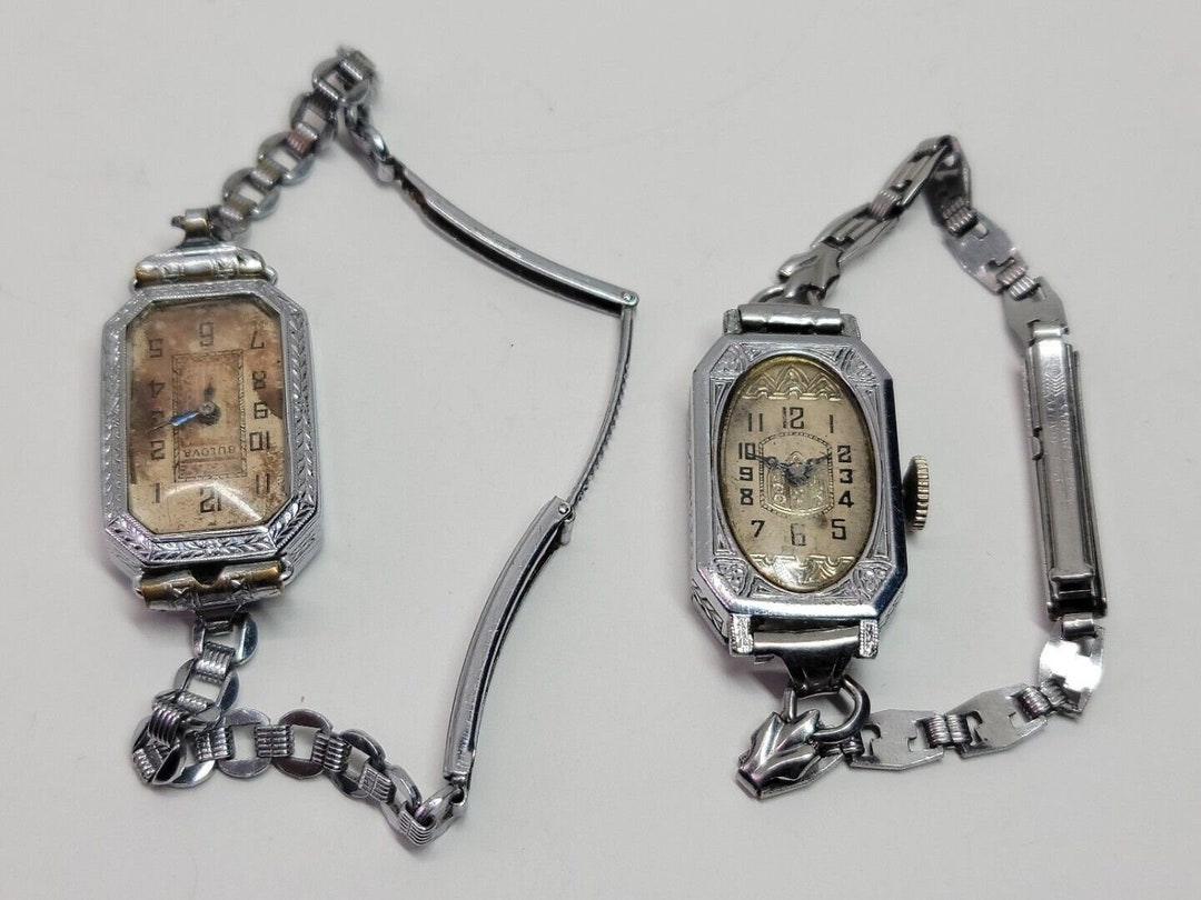 2 VTG Antique Bulova Art Deco Rectangular Womens Wind up Wrist Watch ...