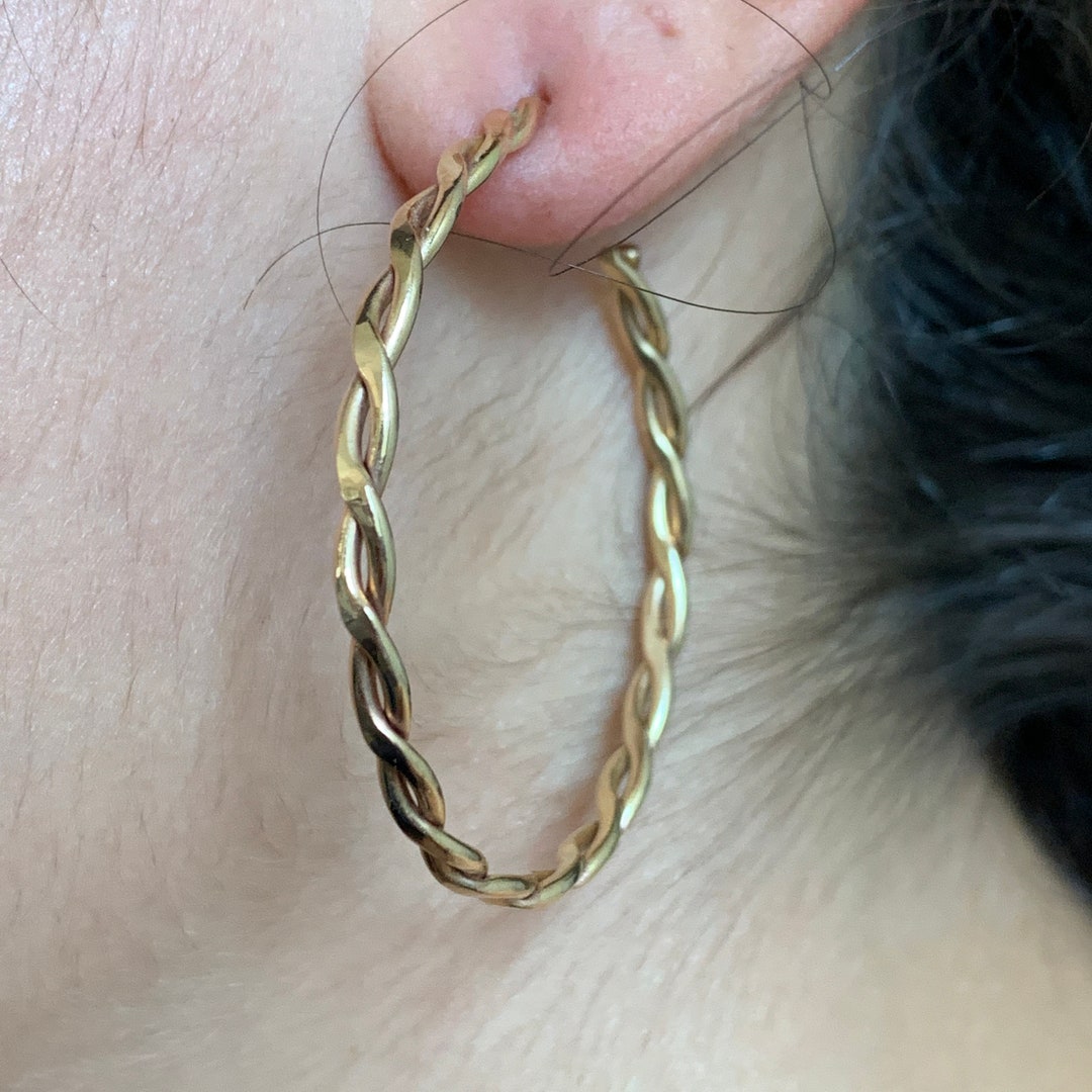 18K Solid Gold Hand Twisted Rope Braid Hoop Earrings 1 - Etsy