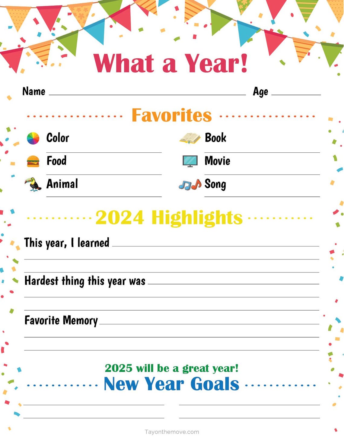 A 2024 Year in Review for Kids, New Year Goal Worksheet, New Year Eve ...