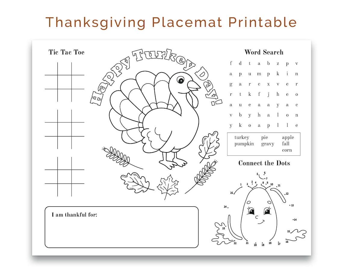 Thanksgiving Placemat Activity Printable, Kids - Etsy